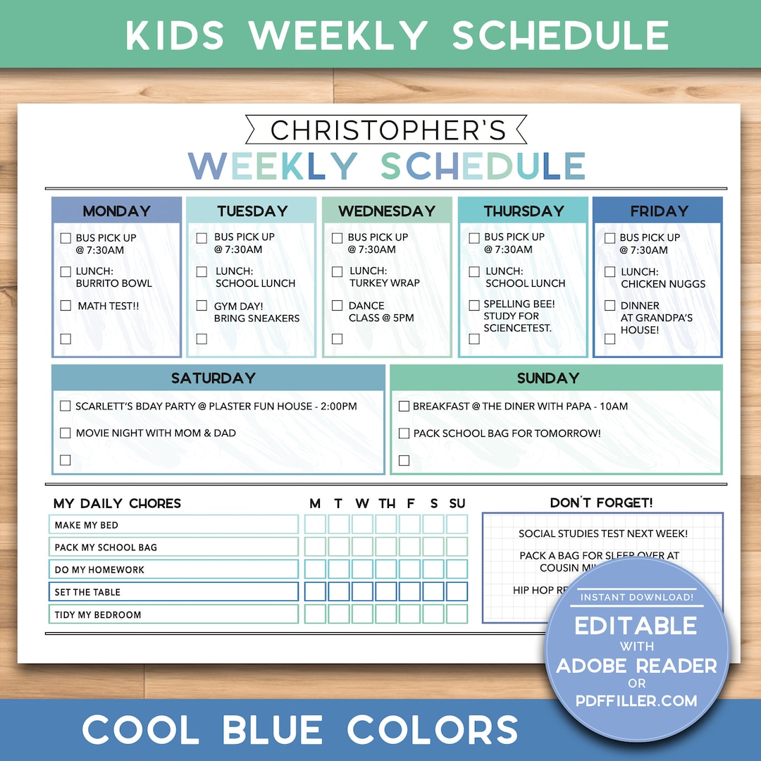 Kid's, Tweens and Teens BLUE Weekly Schedule 8.5x11 Printable | Week at ...