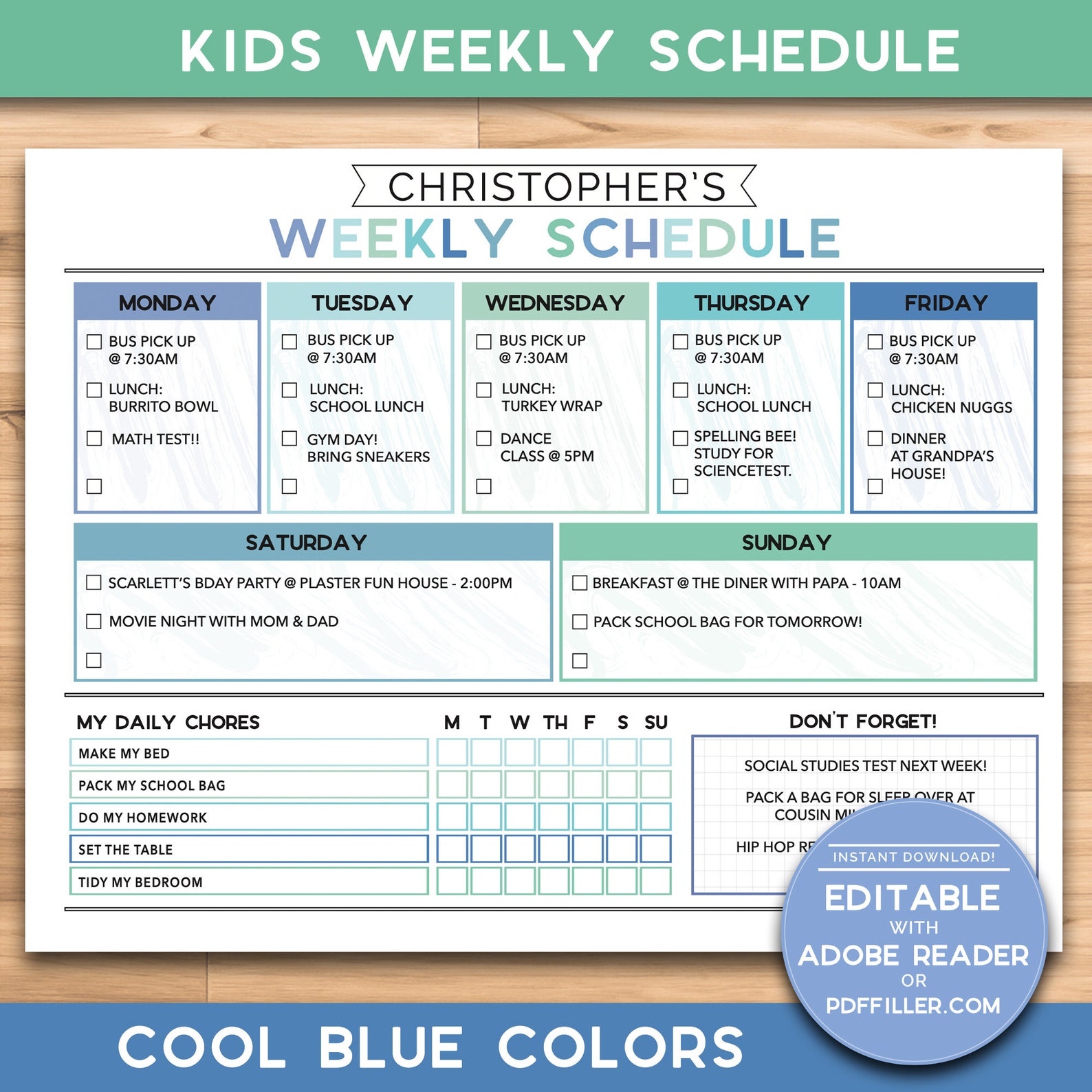 Kid's, Tweens and Teens BLUE Weekly Schedule 8.5x11 Printable | Week at ...