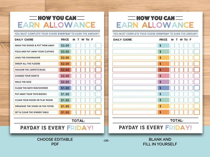 Kids Chore Chart - Allowance Chart - INSTANT Download - 8.5x11 Tracking ...