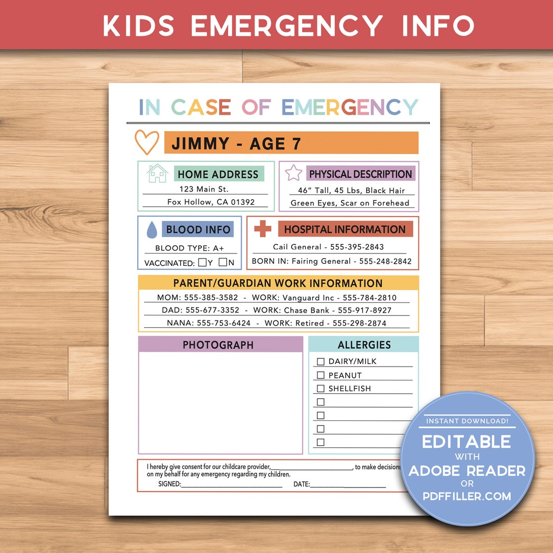 Kids Emergency Information Sheet | Emergency Printable | ICE Printable ...