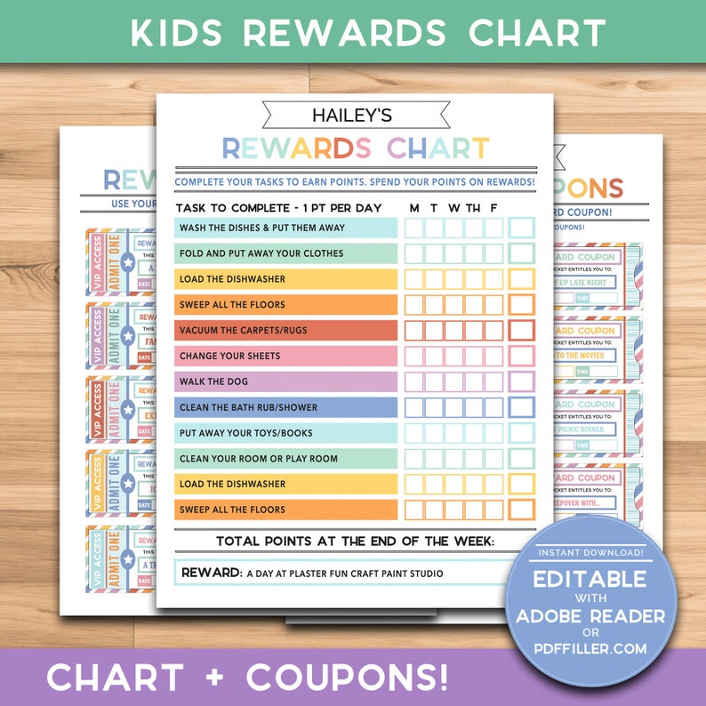 Kids Rewards Chart Chore Chart Responsibility Allowance Tracker Reward ...