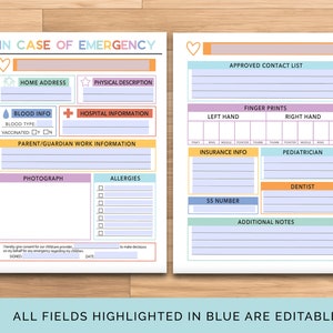 Kids Emergency Information Sheet | Emergency Printable | ICE Printable ...