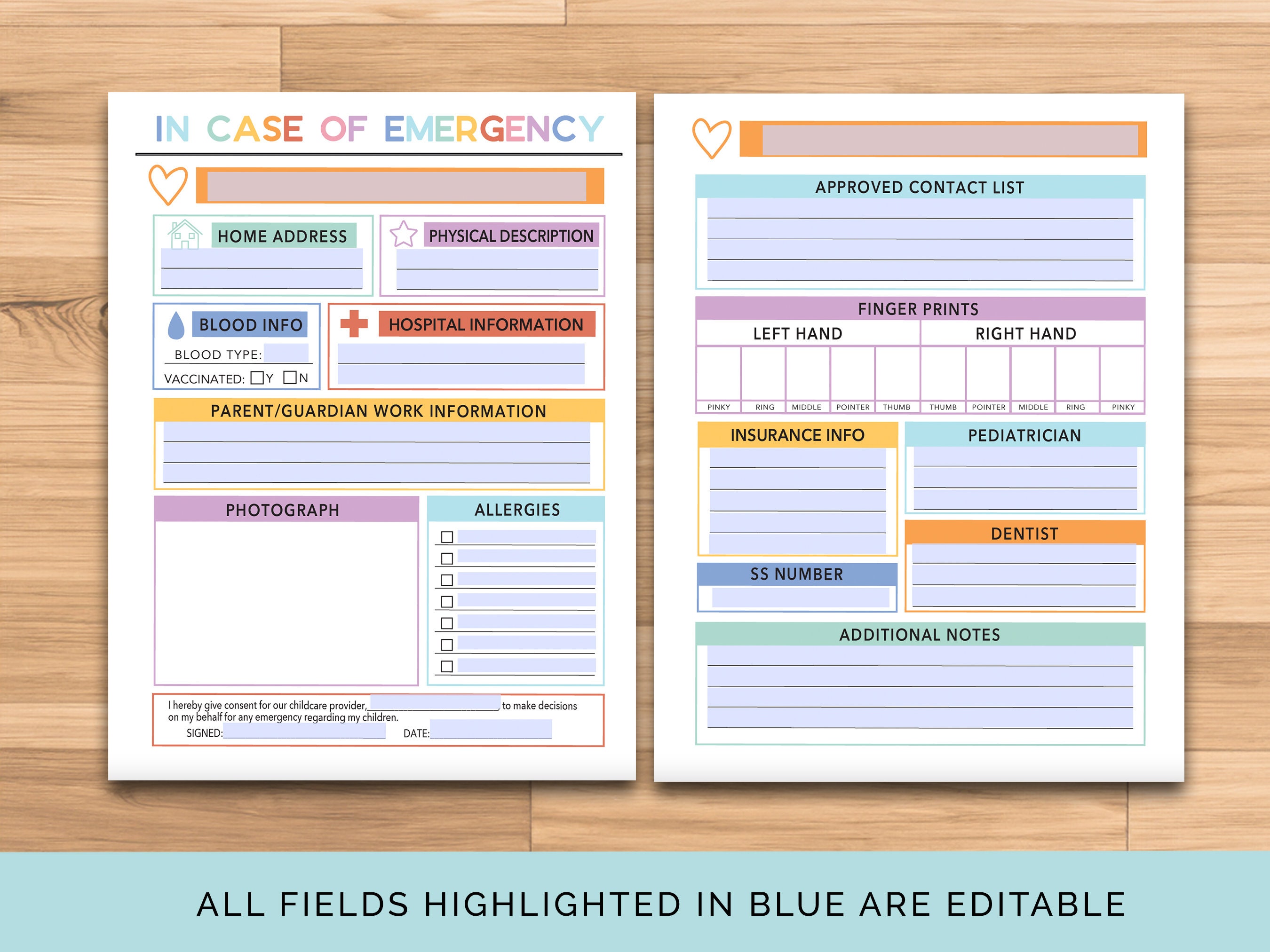 Kids Emergency Information Sheet | Emergency Printable | ICE Printable ...