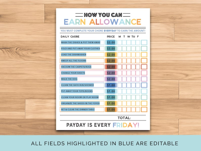 Kids Chore Chart - Allowance Chart - INSTANT Download - 8.5x11 Tracking ...