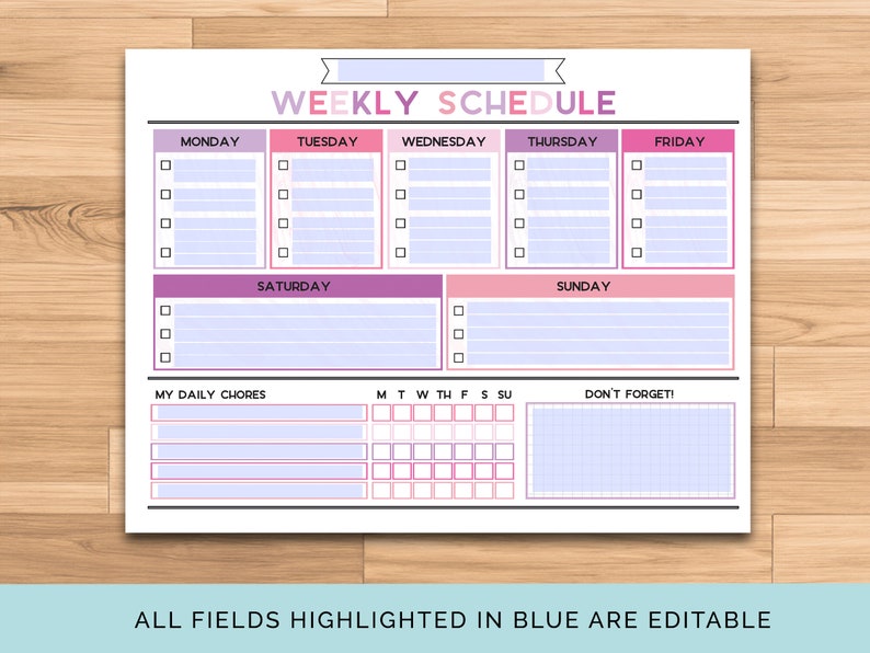 Kid's, Tweens and Teens PINK Weekly Schedule 8.5x11 Printable | Week at ...