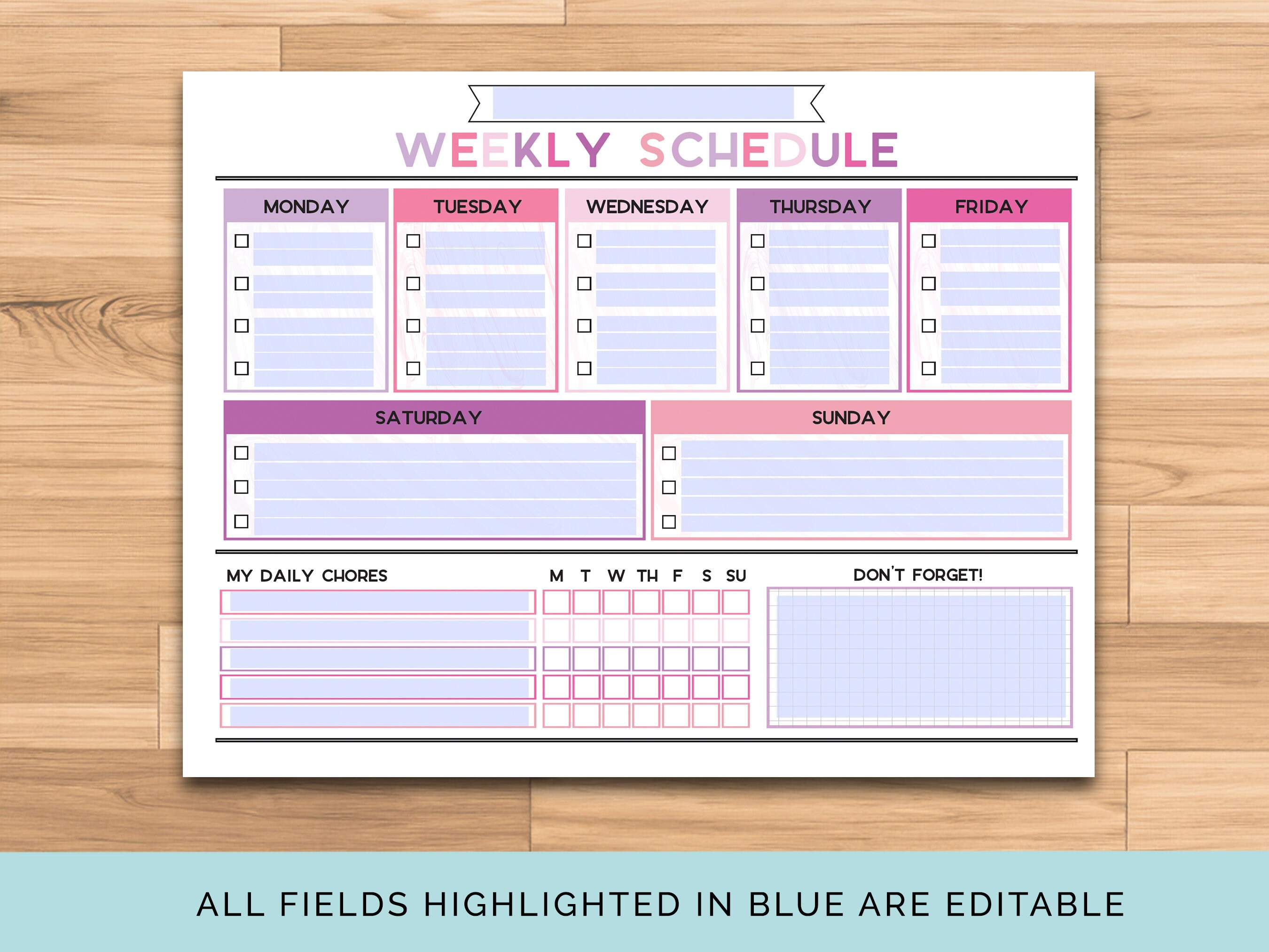 Kid's, Tweens and Teens PINK Weekly Schedule 8.5x11 Printable | Week at ...