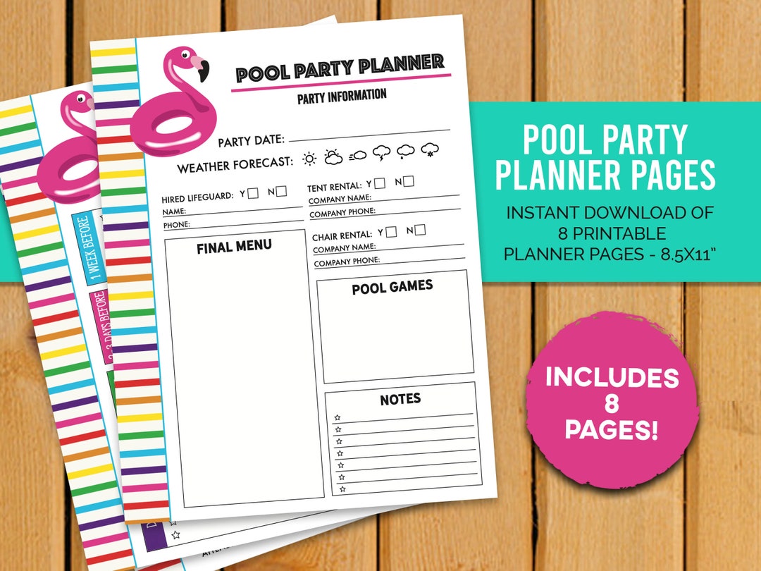 Pool Party Planner Pages - 8.5x11 PRINTABLE - Summer, End of School ...