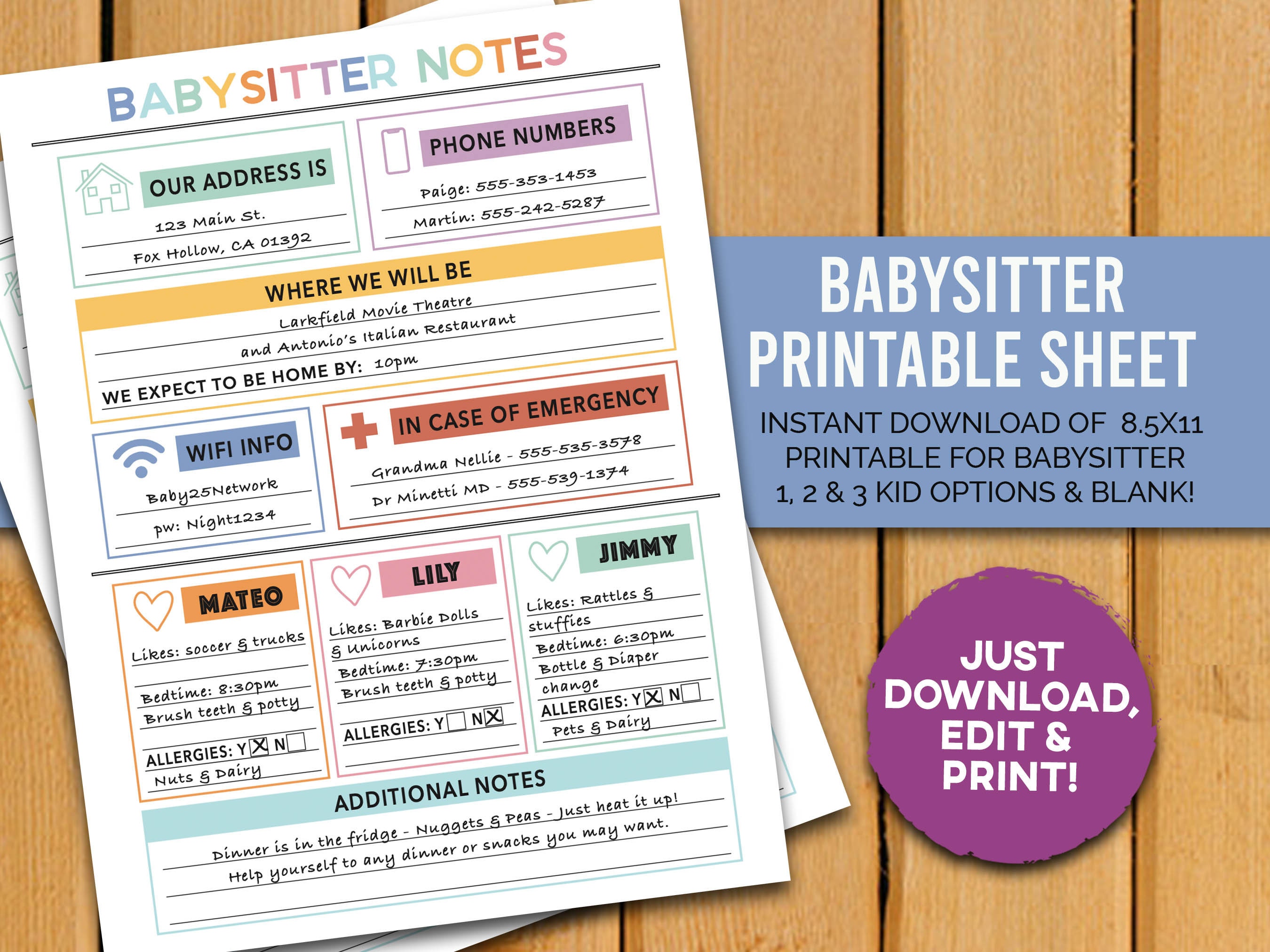 Babysitter Notes Sheet Printable - 8.5x11 Editable or Blank Notes for ...