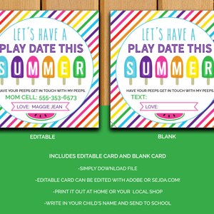 Kids Summer Play Date Cards, Kids Calling Cards, End of School Year ...