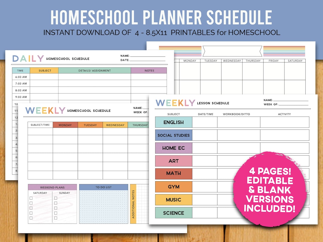 Homeschool Planning Schedule - 4pages 8.5x11 - Instant Download - Home ...
