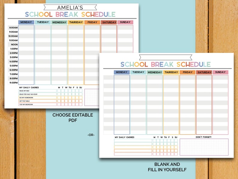 School Break Schedule Weekly Schedule Layout Kids Tweens & - Etsy