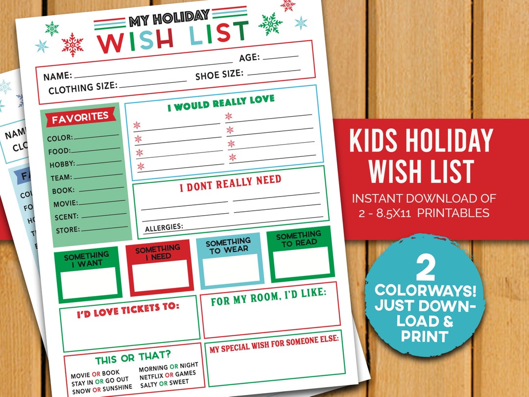 KIDS/TWEENS & TEENS Wish List - 2 Colorways - Christmas or Xmas or ...
