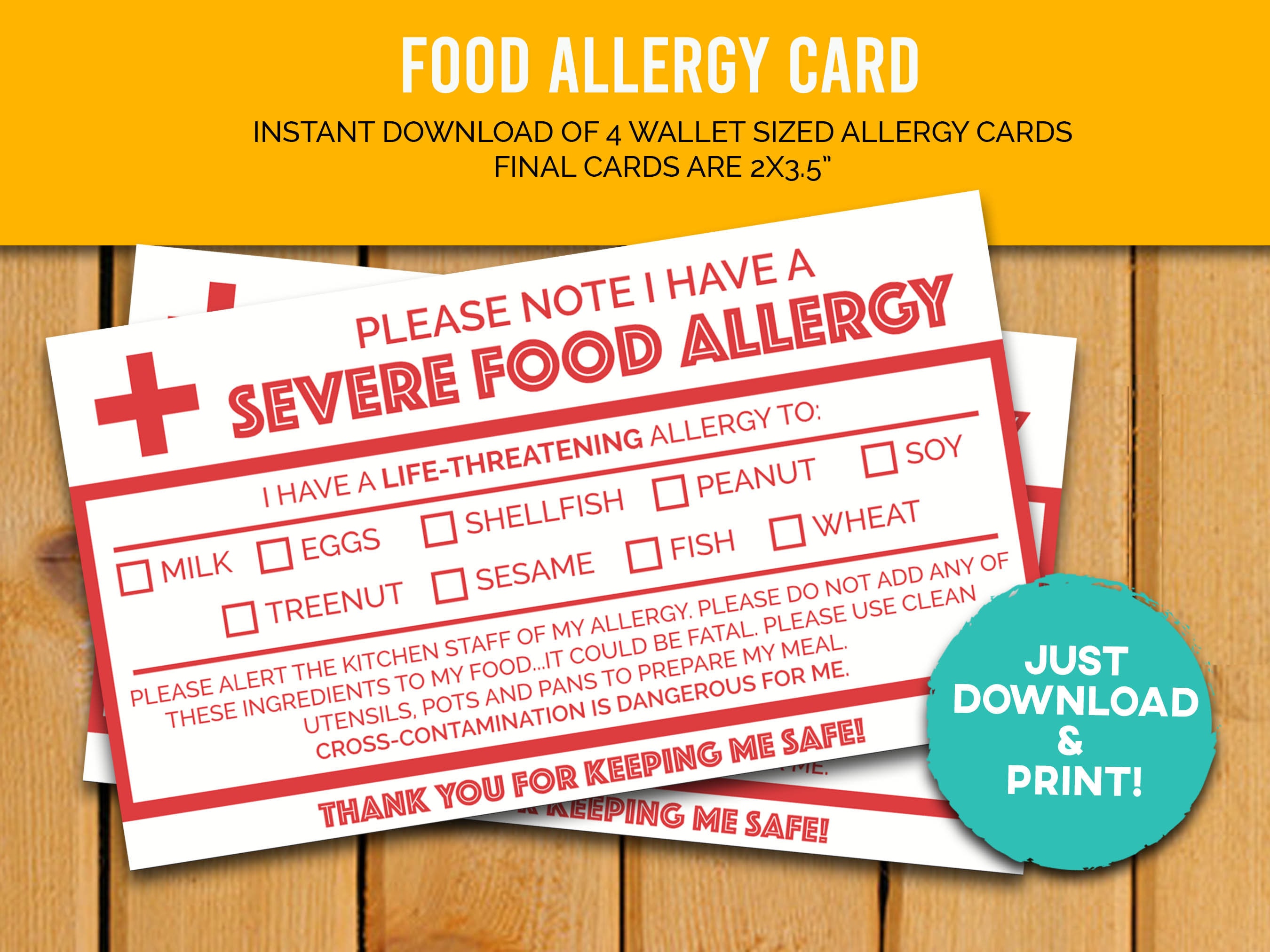 Food Allergy Card - TOP 9 - PRINTABLE - Food Allergens for Child and ...