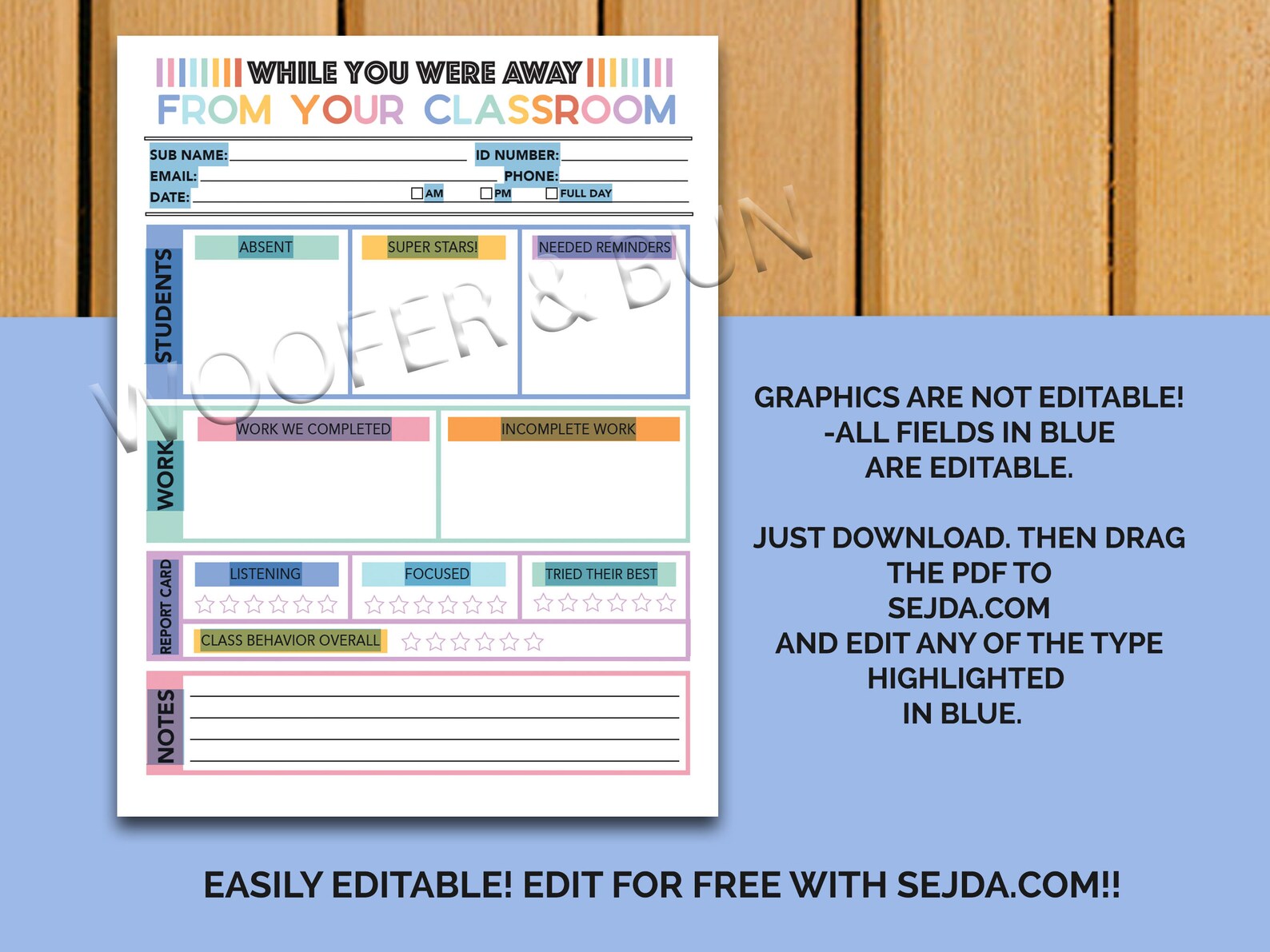 Substitute Teacher Note Template | Editable | 8.5x11 Sub Teacher Planner | While You Were Away ...