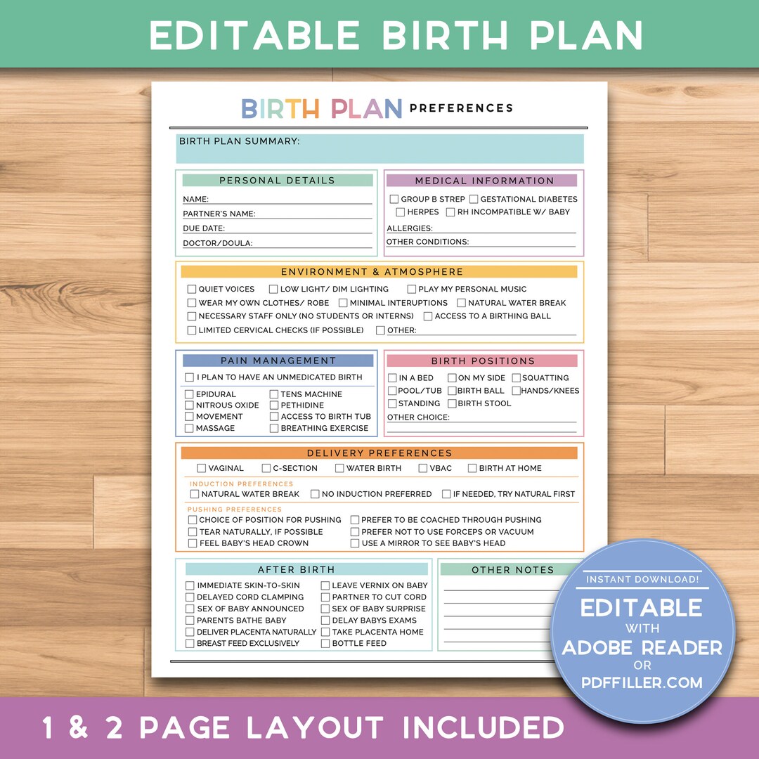 Birth Plan Template | Birth Plan Printable | Editable Birth Plan ...