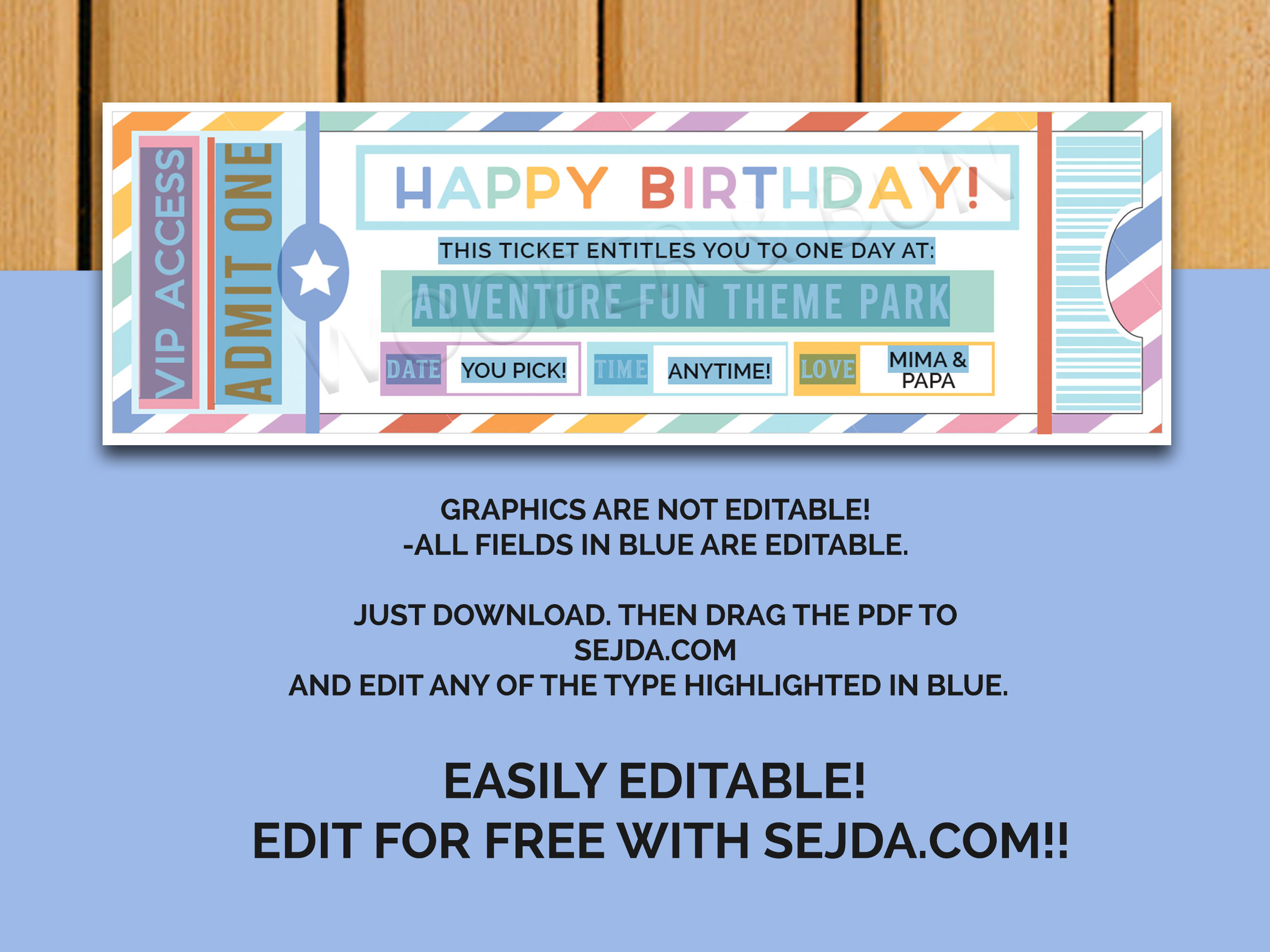 KIDS Birthday Ticket Template - Experience, Theme Park, Show, Concert ...