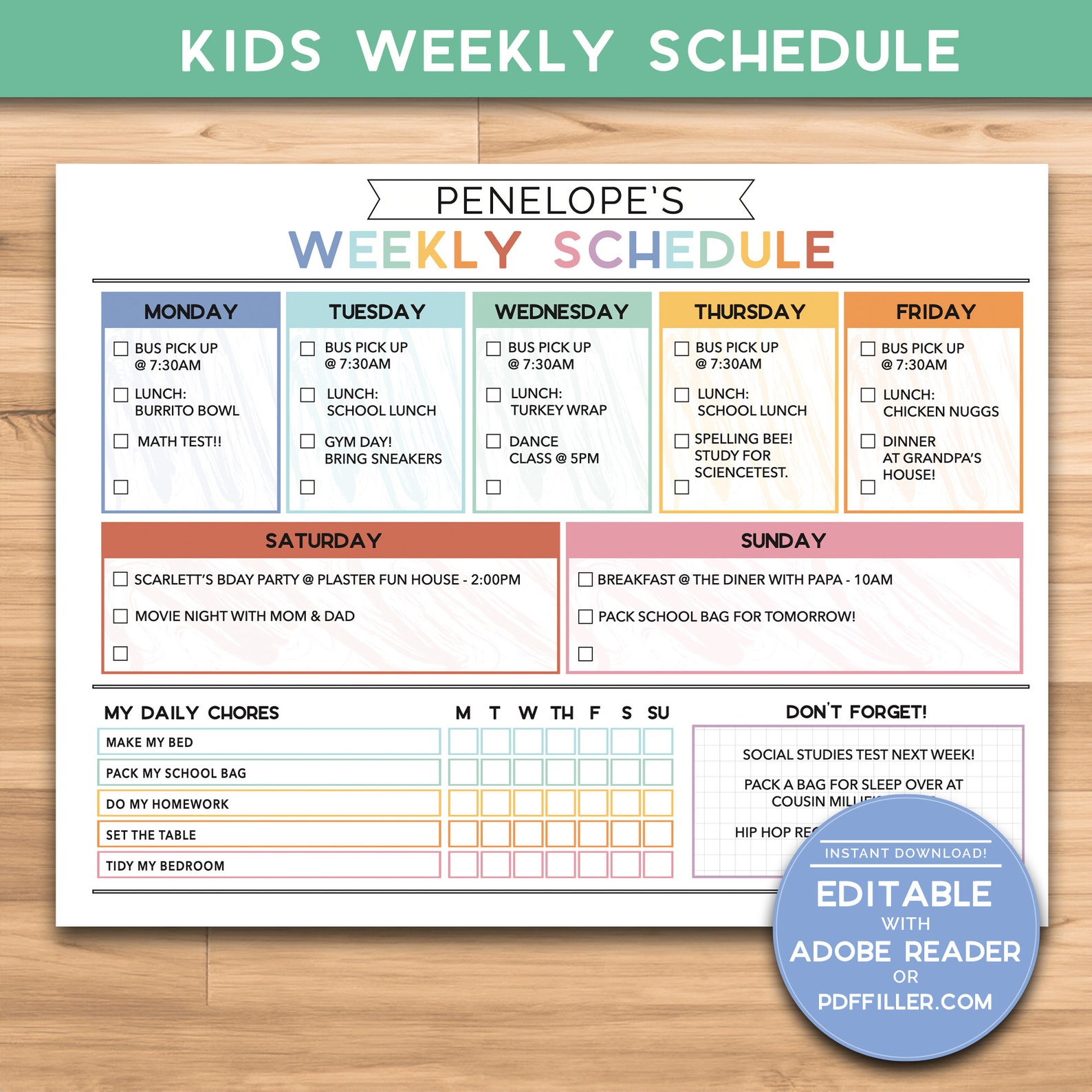 Kid's Weekly Schedule | Teen Schedule| Activity Planner | 8.5x11 ...