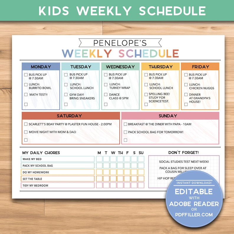Kid's Weekly Schedule | Teen Schedule| Activity Planner | 8.5x11 ...