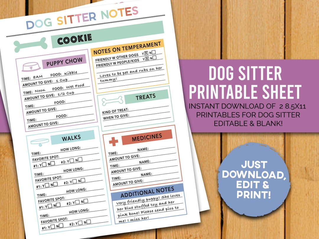 Dog Sitter Printable - 2 X 8.5x11 Info Sheets for Pet Sitter - Puppy ...