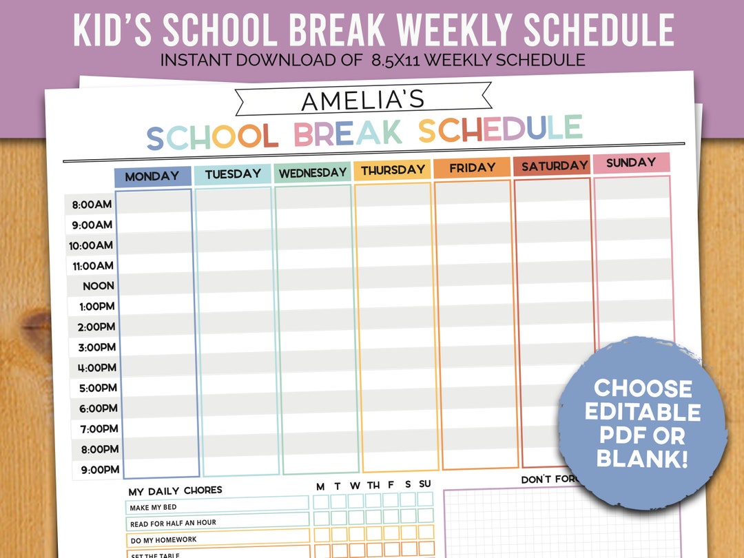 School Break Schedule Weekly Schedule Layout Kids Tweens & - Etsy
