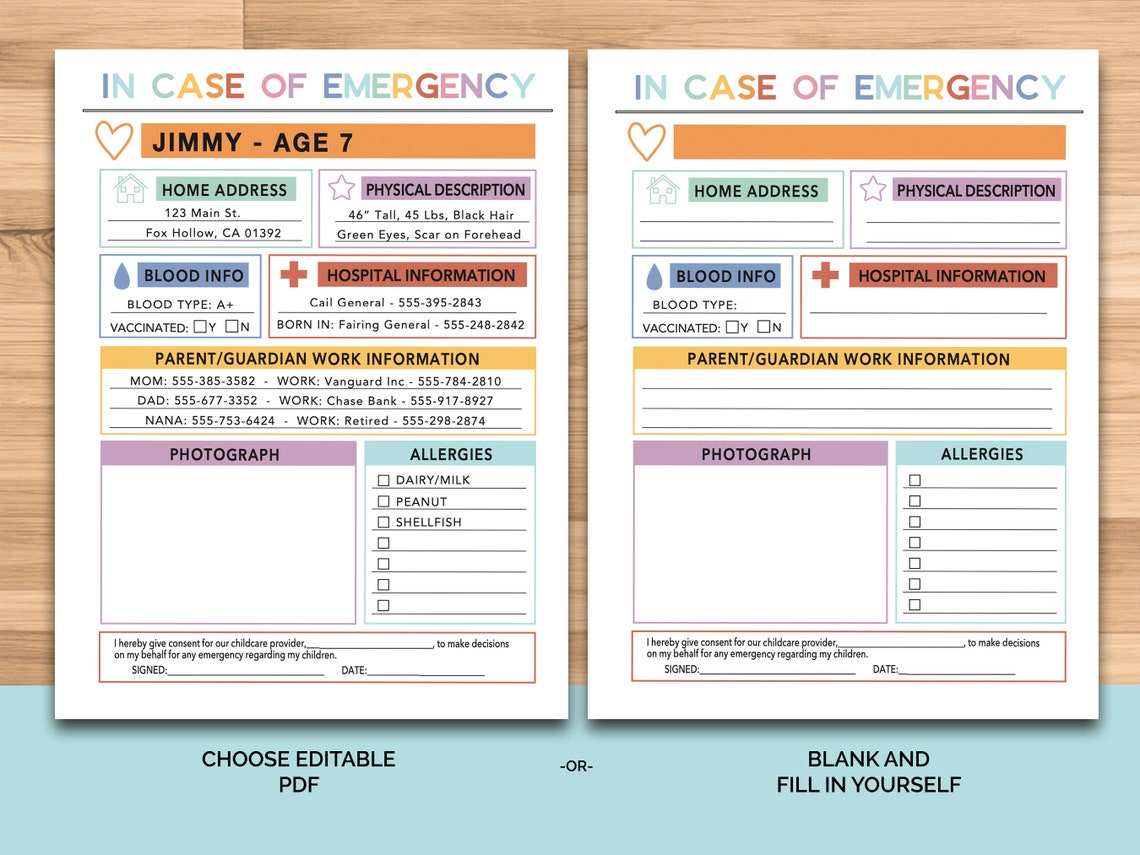 Kids Emergency Information Sheet | Emergency Printable | ICE Printable ...