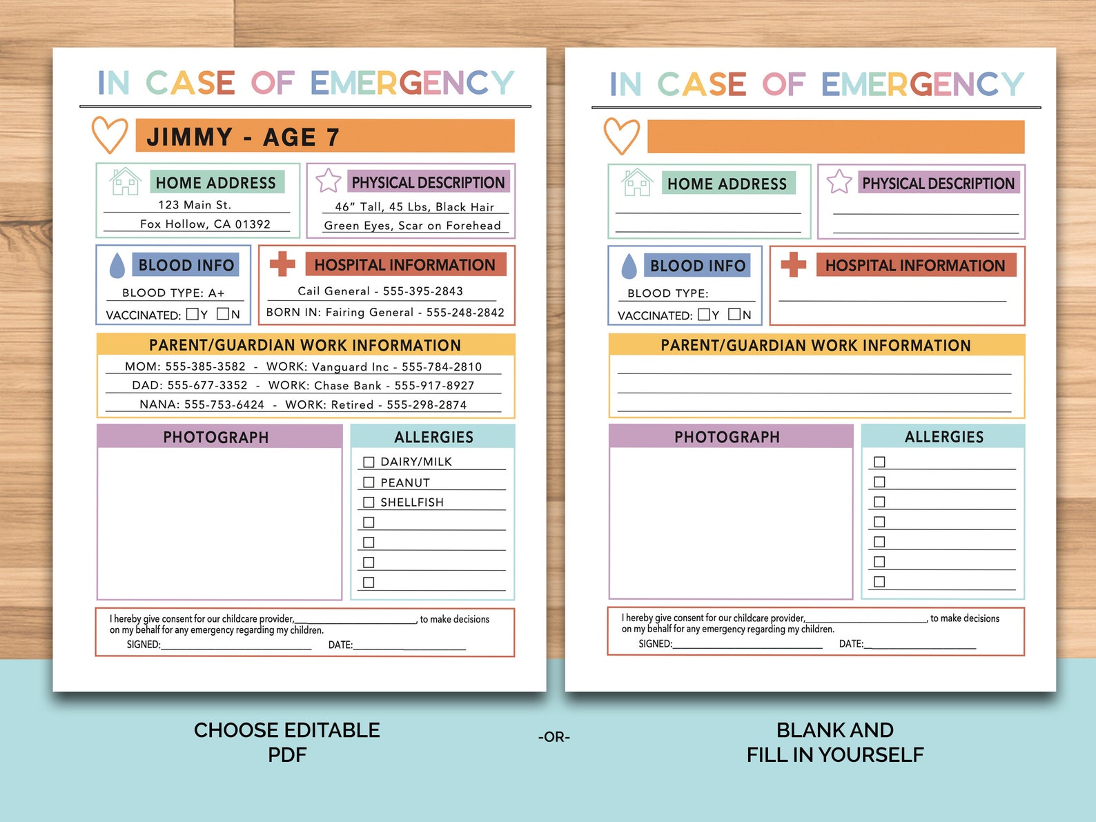 Kids Emergency Information Sheet | Emergency Printable | ICE Printable ...