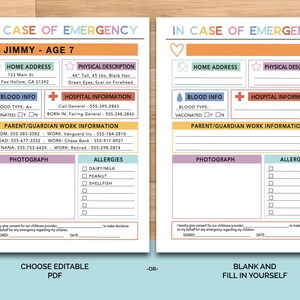 Kids Emergency Information Sheet | Emergency Printable | ICE Printable ...