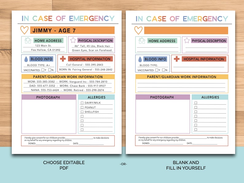 Kids Emergency Information Sheet | Emergency Printable | ICE Printable ...