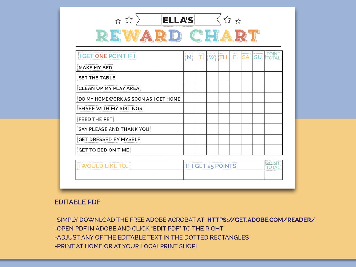 Kids Reward Chart Responsibility Chore Chart Editable - Etsy