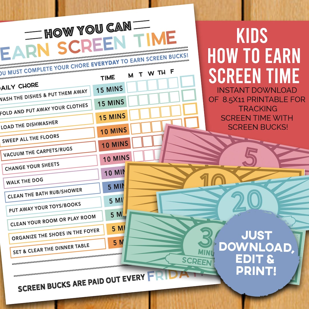 Screen Time Checklist Kids & Teens How to Earn Screen Time BUNDLE Plus ...