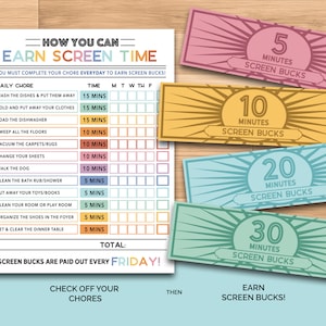 Screen Time Checklist for Kids & Teens - Kids Chore Chart - How to Earn ...