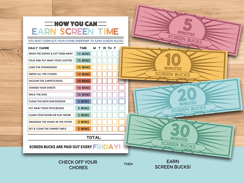 Screen Time Checklist for Kids & Teens - Kids Chore Chart - How to Earn ...