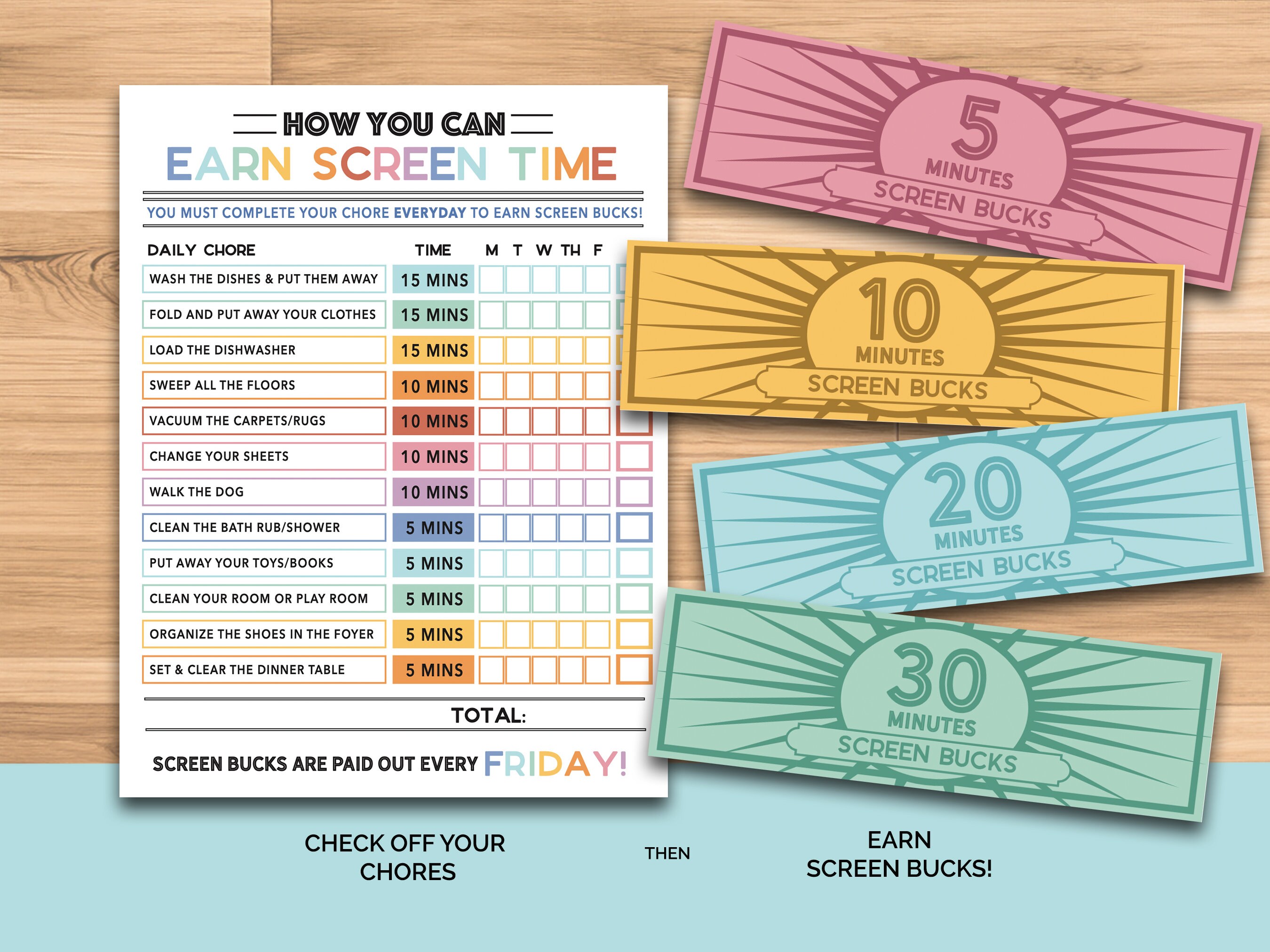 Screen Time Checklist for Kids & Teens - Kids Chore Chart - How to Earn ...