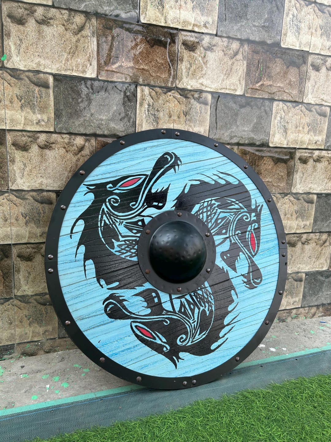 Medieval Wooden Round Shield Viking Warrior Three Dragon Wall ...