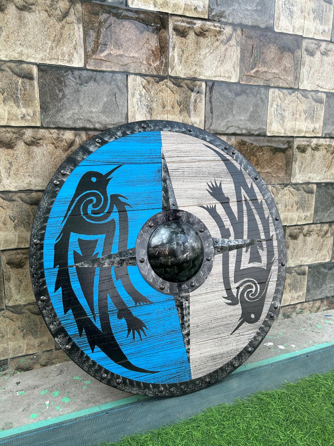 Medieval Wooden Round Shield Viking Warrior Black Crow Wall Decorative ...
