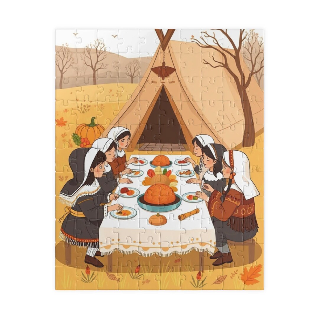 Jigsaw Puzzle, Thanksgiving Pilgrims and Native Americans Eating Dinner ...