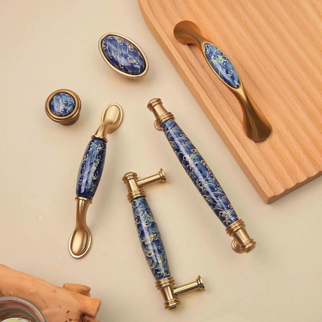 Ocean Knobs and Pulls, Blue Cabinet Hardware, Ceramic Door Knobs, Brass ...