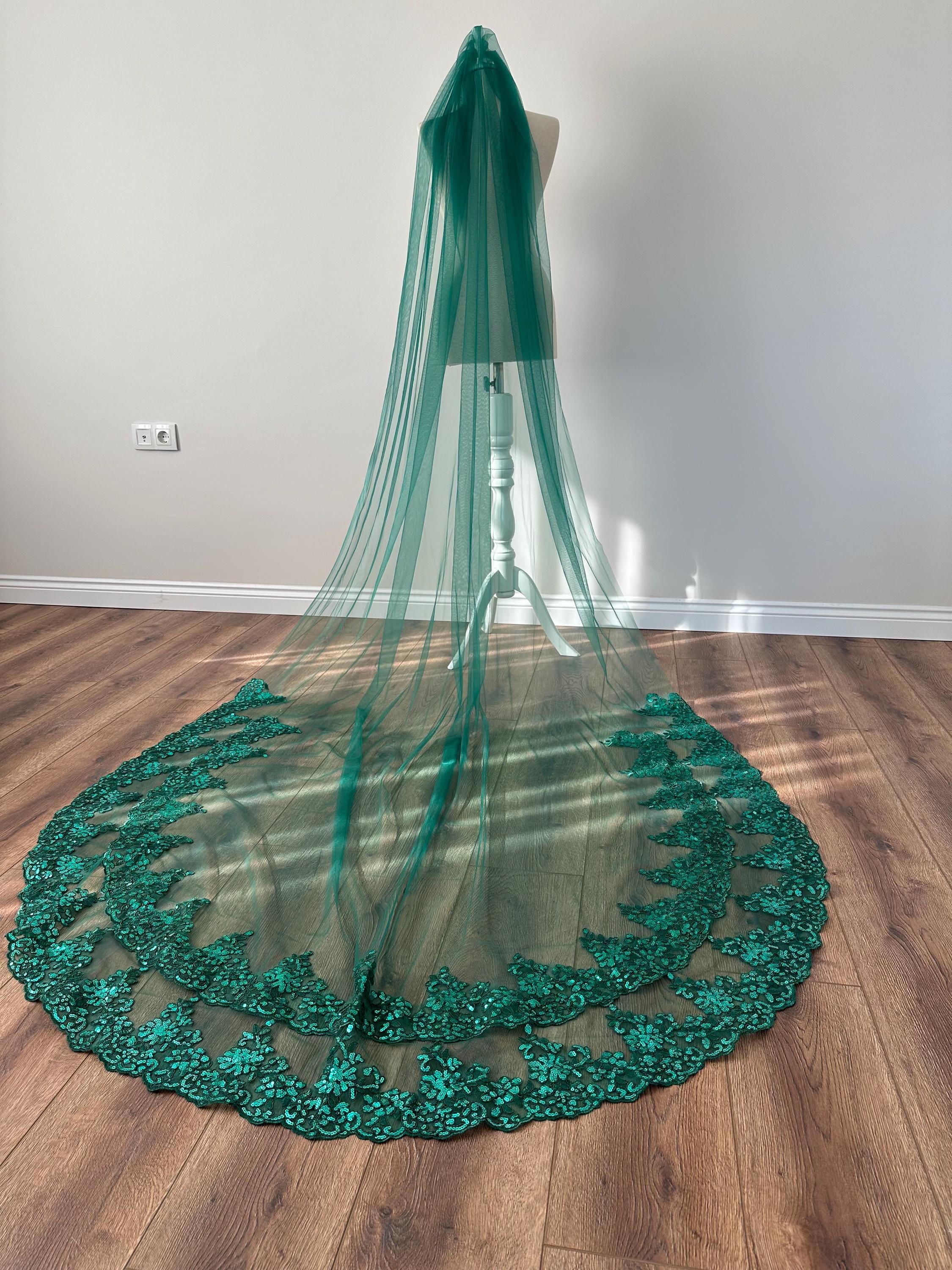 Emerald Green Glitter Bridal Veil, Long Lace Two Layered Wedding Veil ...