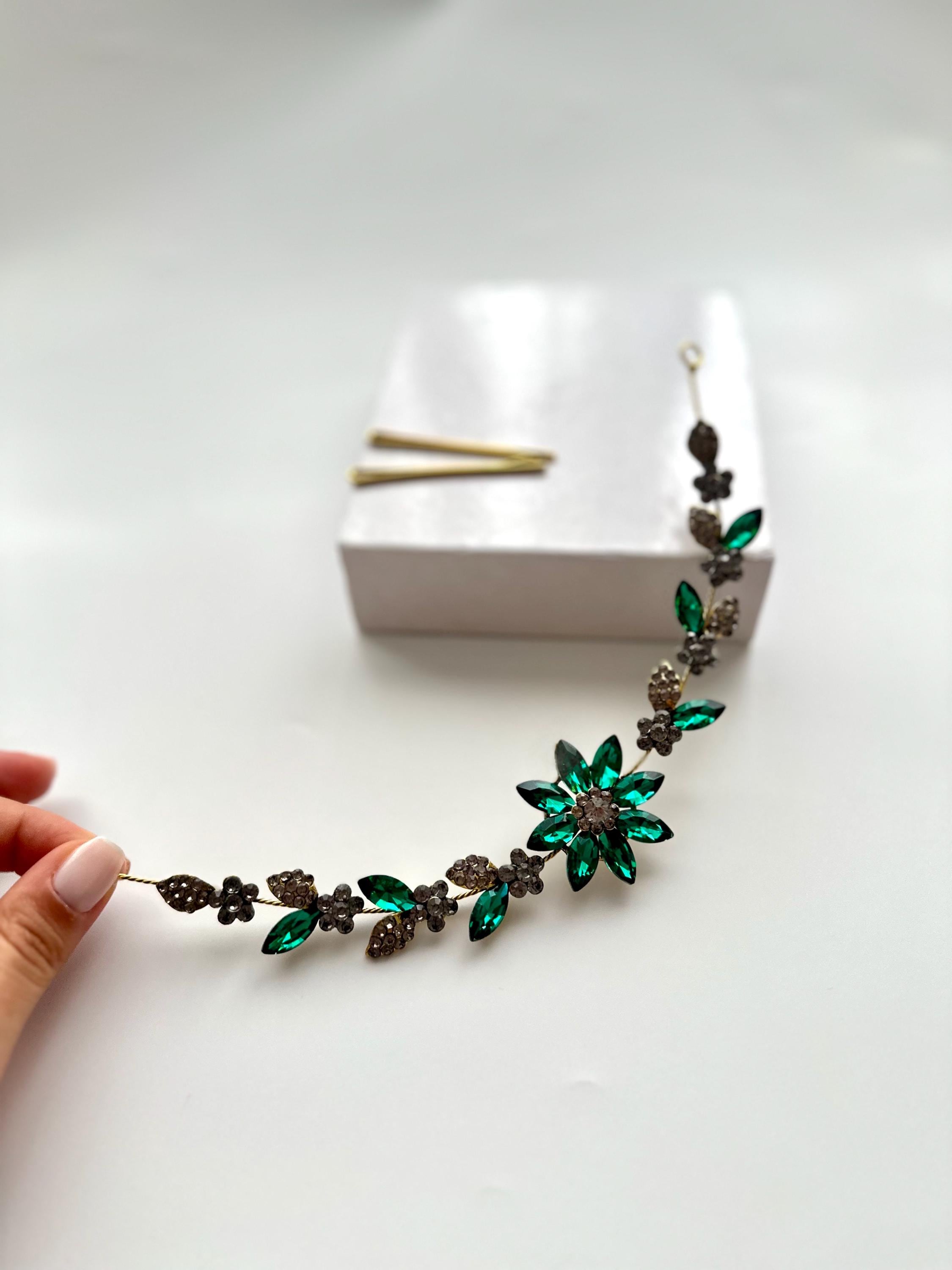 Floral Emerald Green Bridal Hair Vine Wedding Headpiece for Women ...