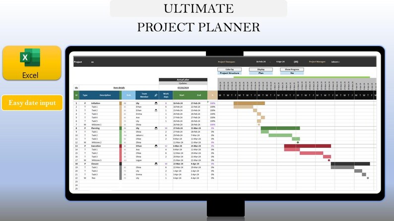 Project Management Tool Digital Design Excel Sheet Gantt Planner - Etsy