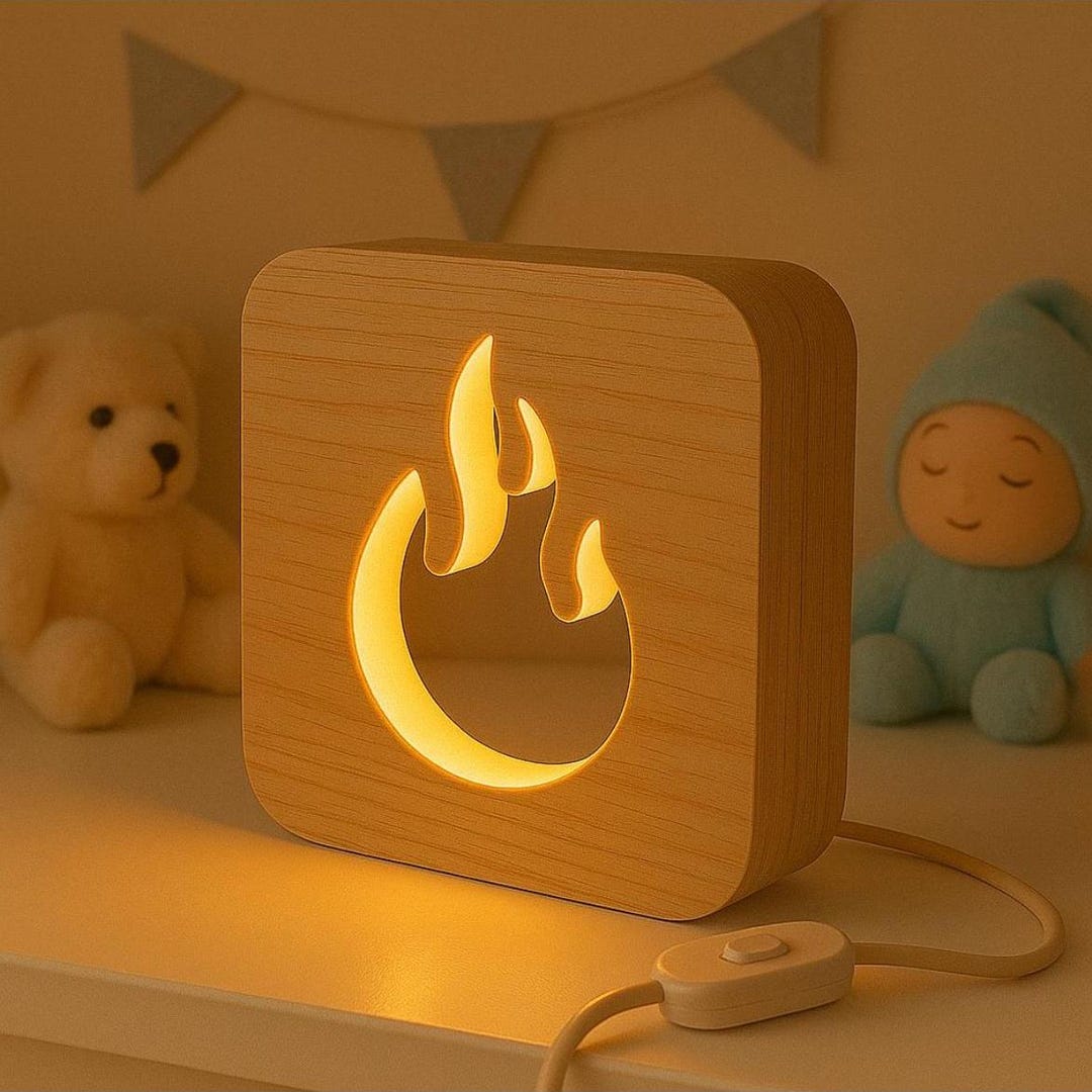 Handmade Solid Wood Night Light – Flame Design | USB Powered | Warm ...
