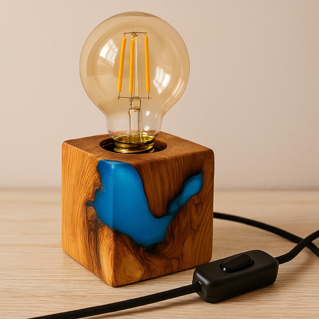 Wooden Cube Epoxy Desk Lamp - Compatible With E27 Edison Bulb Epoxy ...