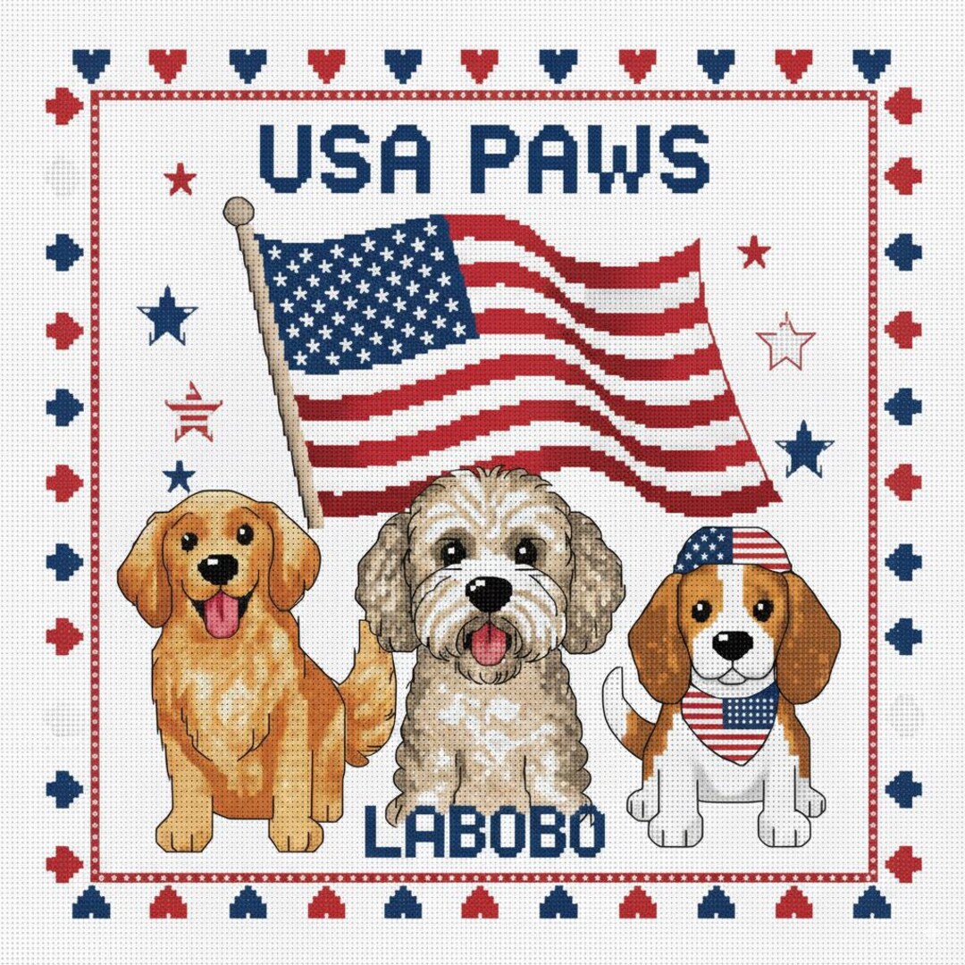 USA Paws Cross Stitch Pattern PDF – Patriotic Dogs & American Flag ...