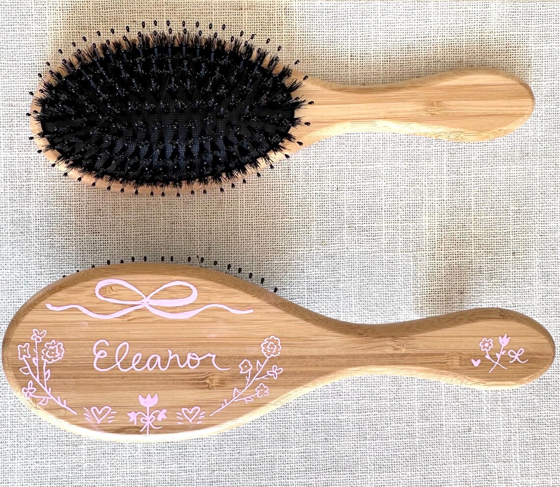 Personalized Pink Bow Floral Wooden Hairbrush: Hand Painted Wooden ...