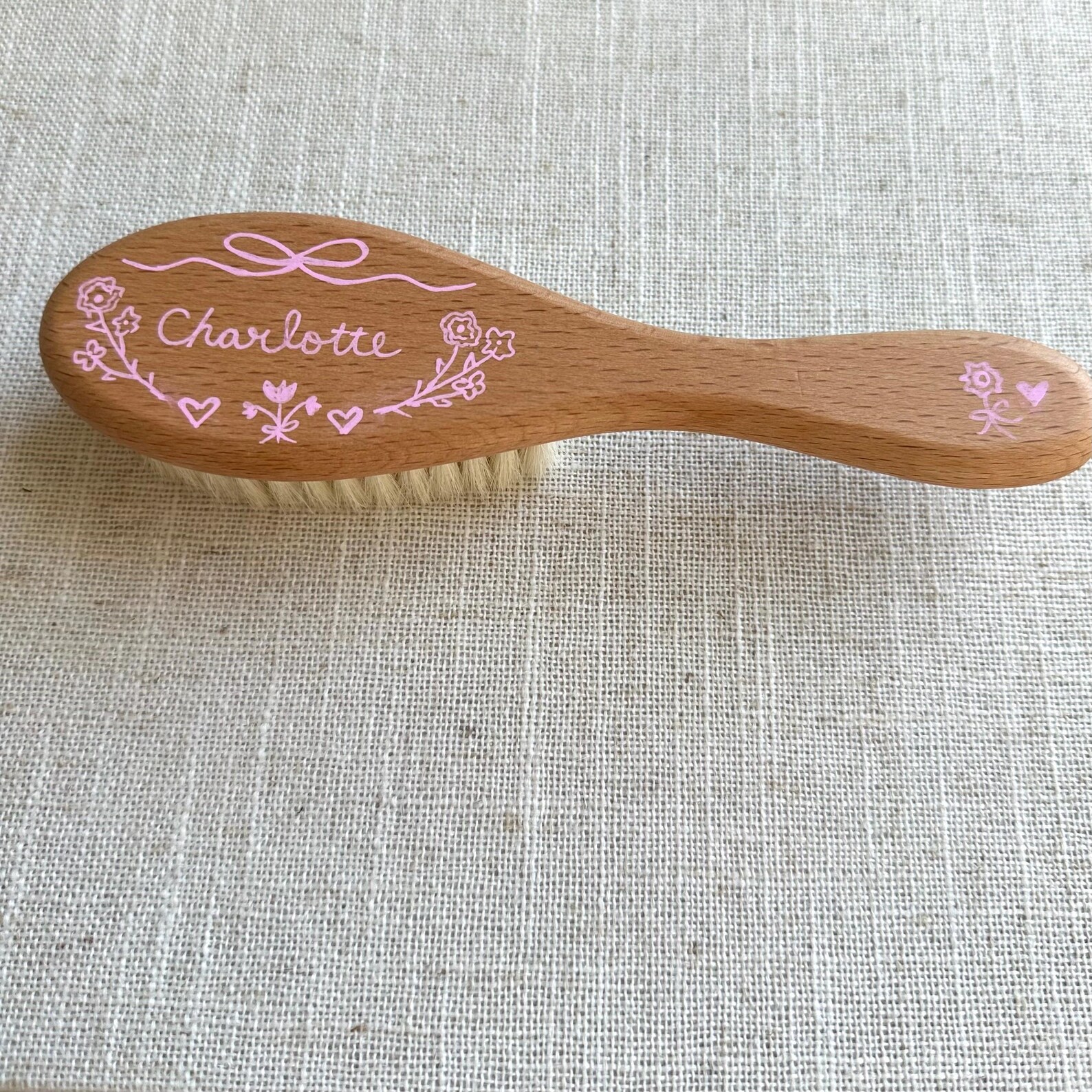 Pink Bow Floral Baby Hairbrush: Personalized Hand Painted Beechwood ...