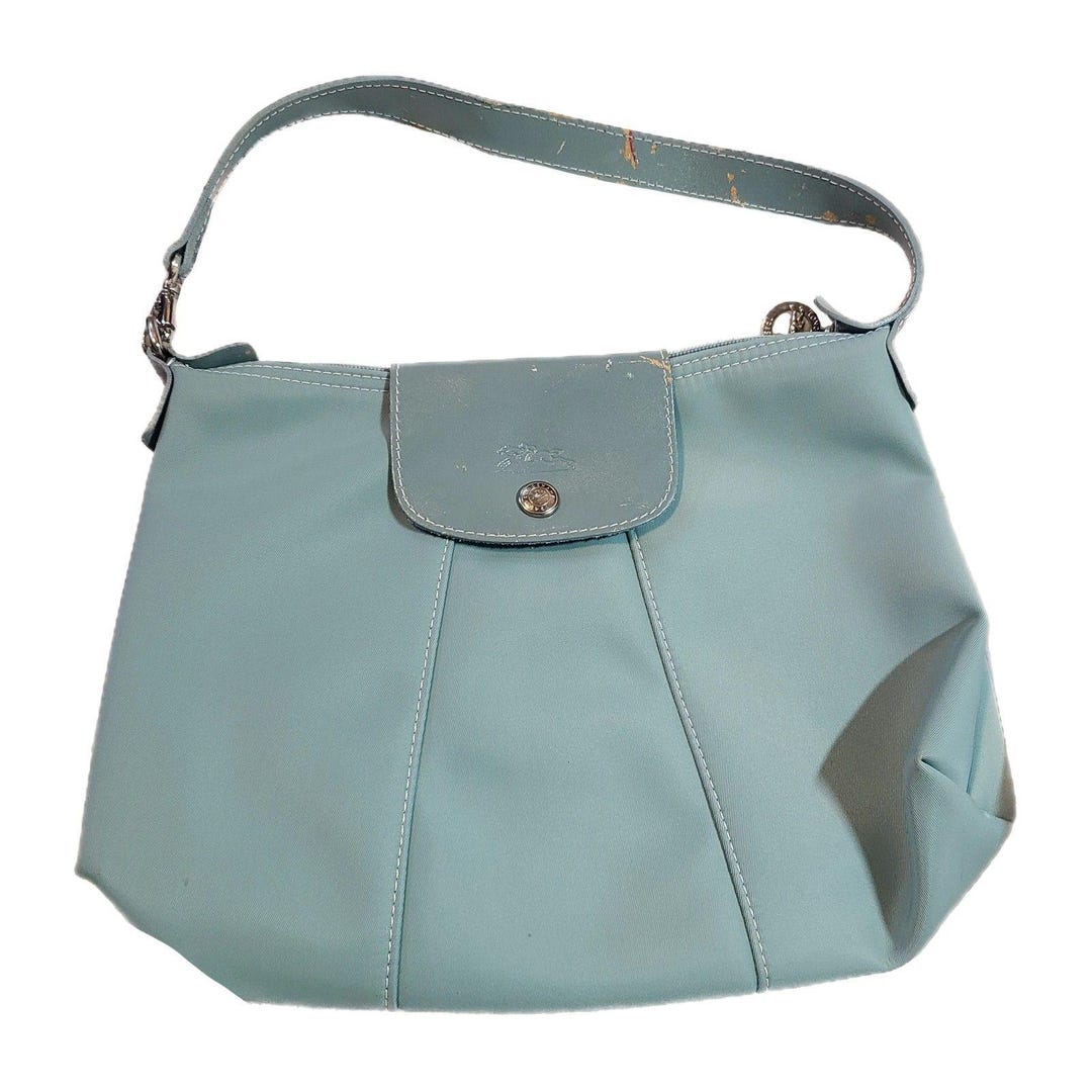 Longchamp Le Pilage Lagoon Blue Canvas & Leather Trim Shoulder Bag, GUC ...