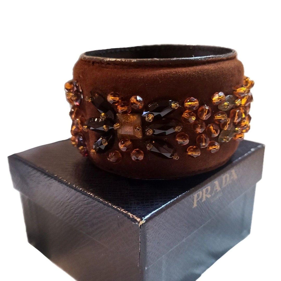 Prada SUPER RARE Brown Leather & Crystal Jeweled Bangle Bracelet W/ Box ...