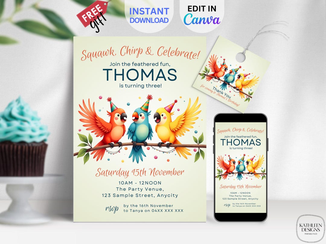 EDITABLE Parrot Birthday Invitation Bundle, Jungle Bird Party, Digital ...