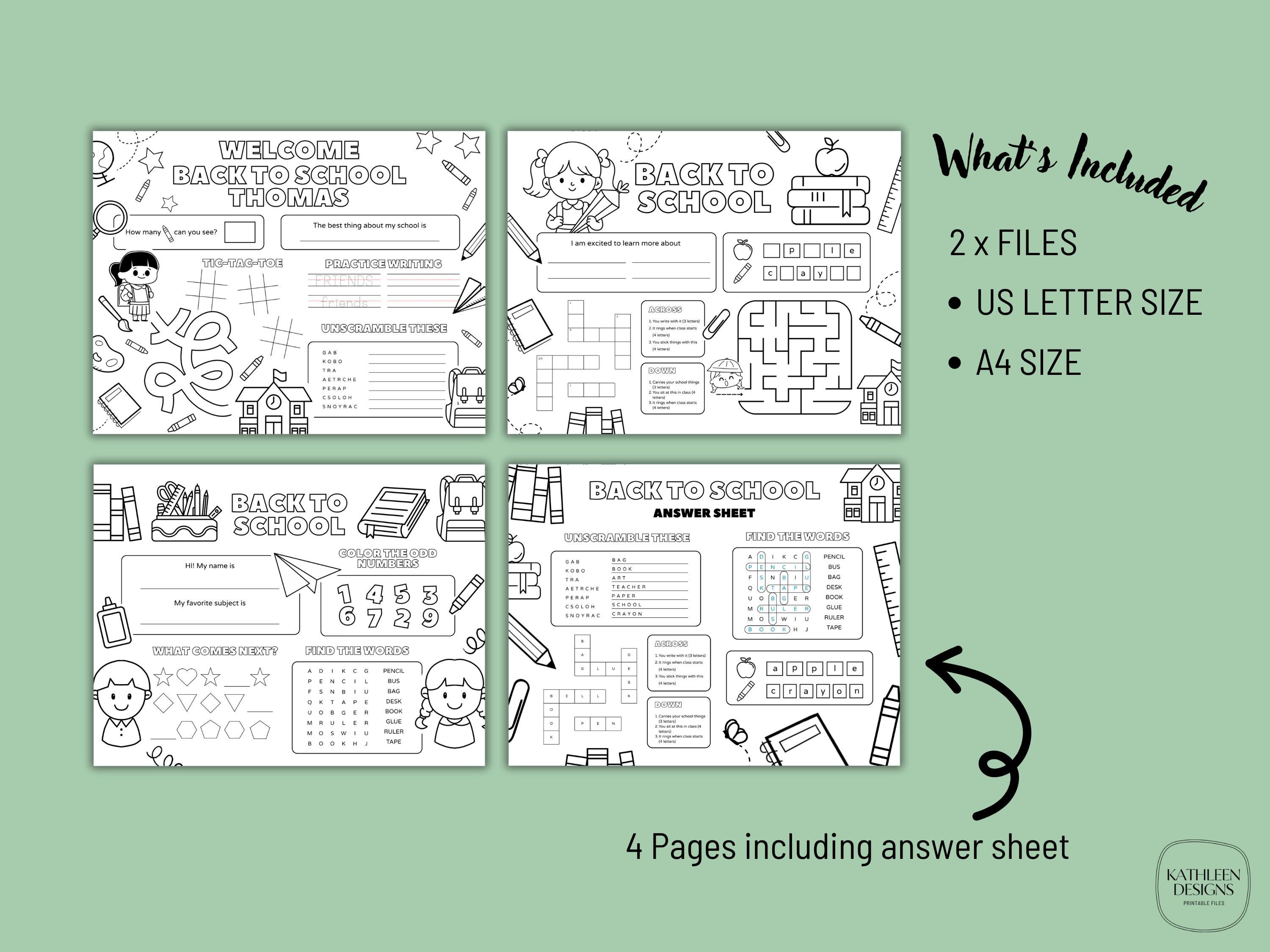 EDITABLE Coloring Sheet Back to School Activity Placemat, Personalized ...