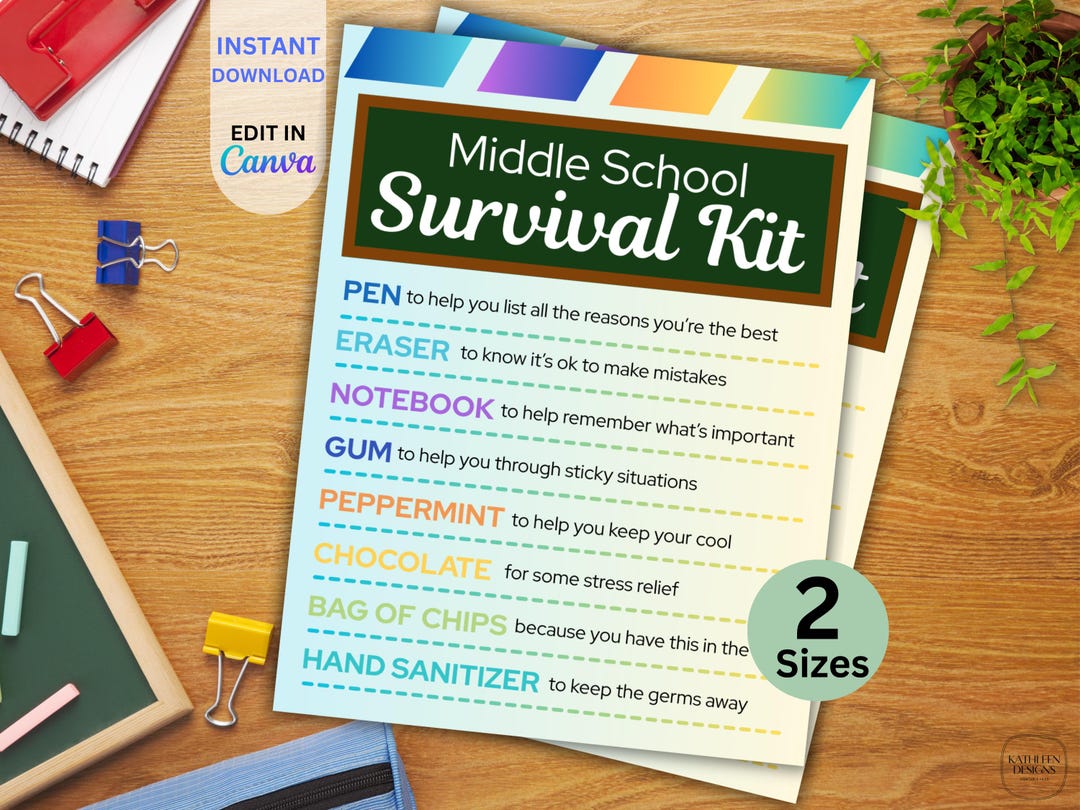 EDITABLE Middle School Survival Kit, Editable Gift Tags for Back to ...